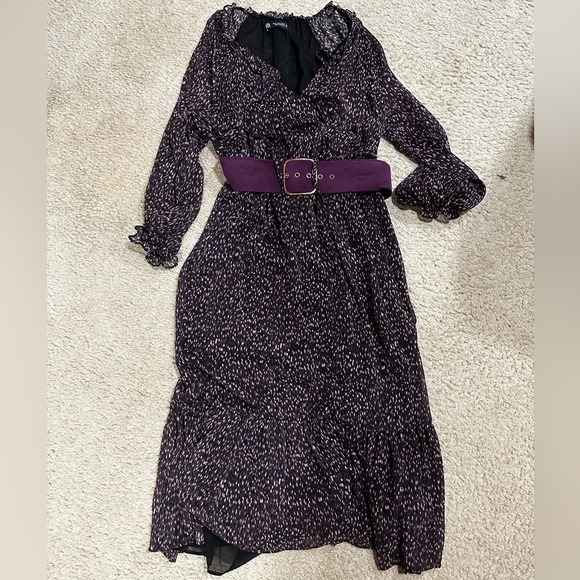 Zara | Dresses | Zara Purple Midi Dress With Removable Belt Medium ...